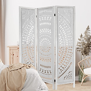 ECOMEX 3 Panel Wood Room Dividers Fully Assembled 5.6Ft Carved Room Dividers and Folding Screens Room Divider Screen Wood Freestanding Partition for Home Bedroom Office Restaurant, Retro White
