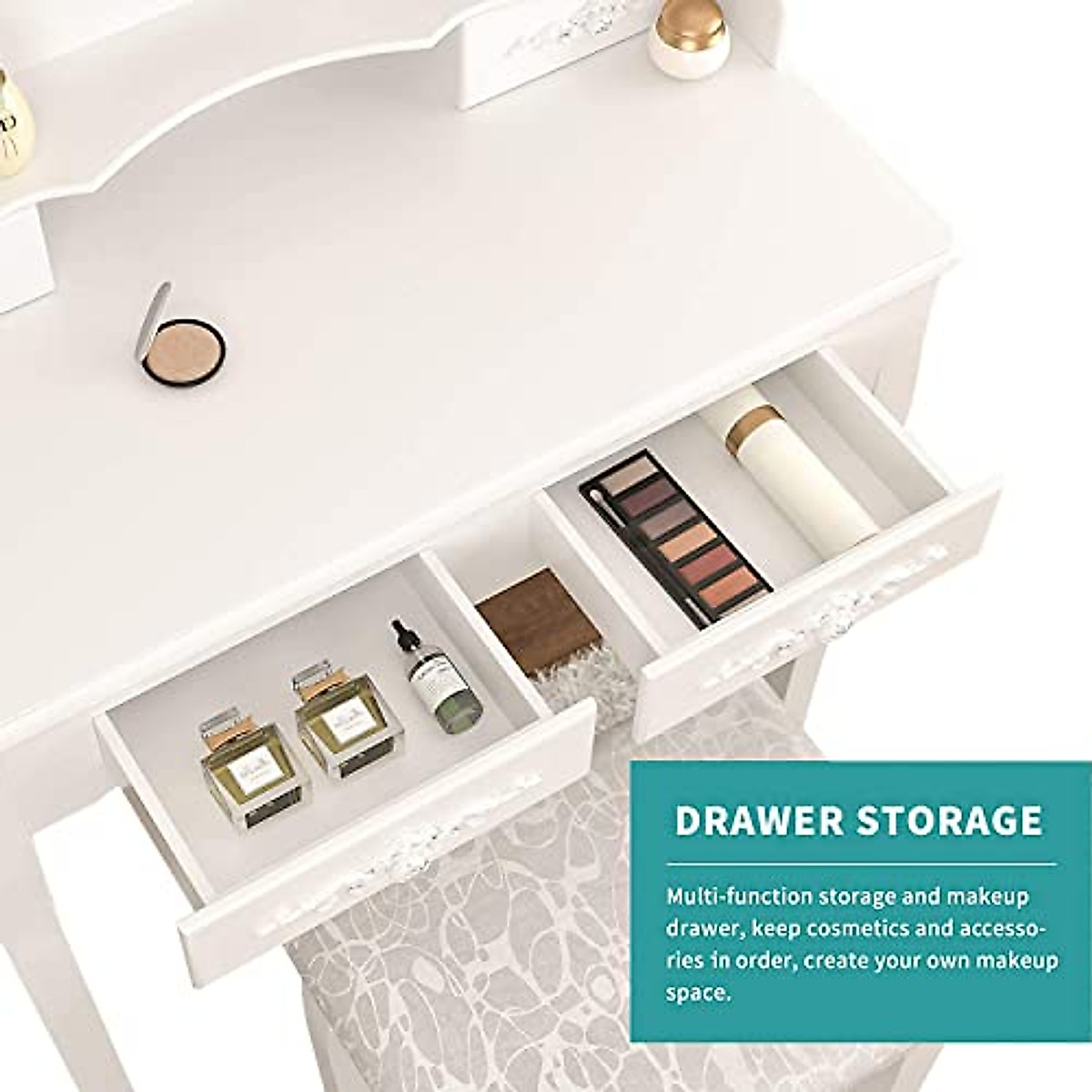 The Urban Port Ren 30-Inch 3-Piece Vanity Desk Set with Rotating Mirror and Matching Stool, 4 Drawers, Solid Wood, Pure White