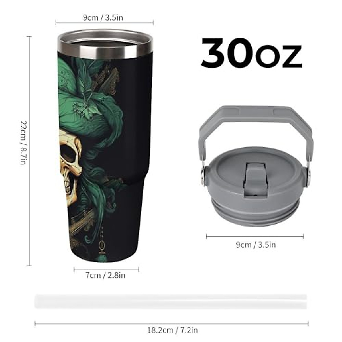 30oz Stainless Steel Insulated Tumbler with Flip Lid & Straw, Leakproof Travel Mug for Car, Pirate Skull Double Wall Vacuum Thermal Coffee Cup with Handle, Spill-Proof Design for Hot/Cold Drinks