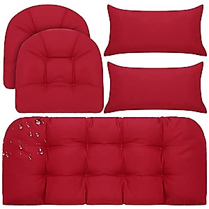 Maitys 5 Pieces Waterproof Outdoor Cushions Couch Cushion Set Wicker Chair Cushions Group Loveseat Cushions Lumbar Pillows for Patio Backyard Porch Garden Furniture (Wine Red)