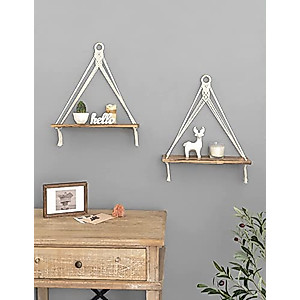 Mkono Macrame Wall Decor 4 Piece Set, 2 Pcs Macrame Wall Hanging Art Boho Wall Decor and 2 Pcs Hanging Shelves Wood Floating Storage Shelf for Bedroom Bathroom Living Room Nursery Dorm Room