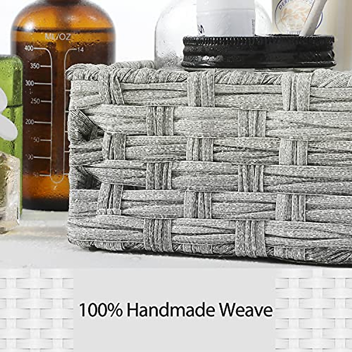 [Larger Compartments] Toilet Tank Topper Paper Basket - Multiuse Hand Woven Plastic Wicker Basket with Divider for Organizing, Rustic Farmhouse Bathroom Decor, Countertop Organizer Storage, Gray Wash