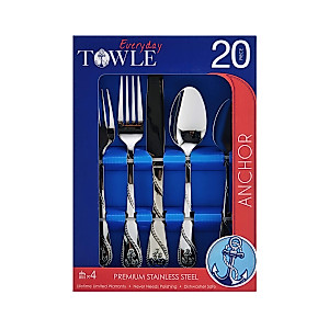 Towle Everyday Anchor Flatware Service for 4, 20 Piece Set, 18/0 Stainless Steel, Silverware Set