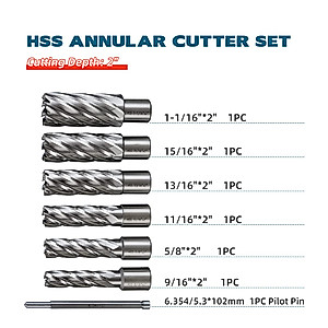 US Stock 2" Depth M2AL HSS Annular Cutter Set 7pcs Diameter 9/16 to 1-1/16 Pilot Pin Included 3/4" Weldon Shank for Mag Drill Press