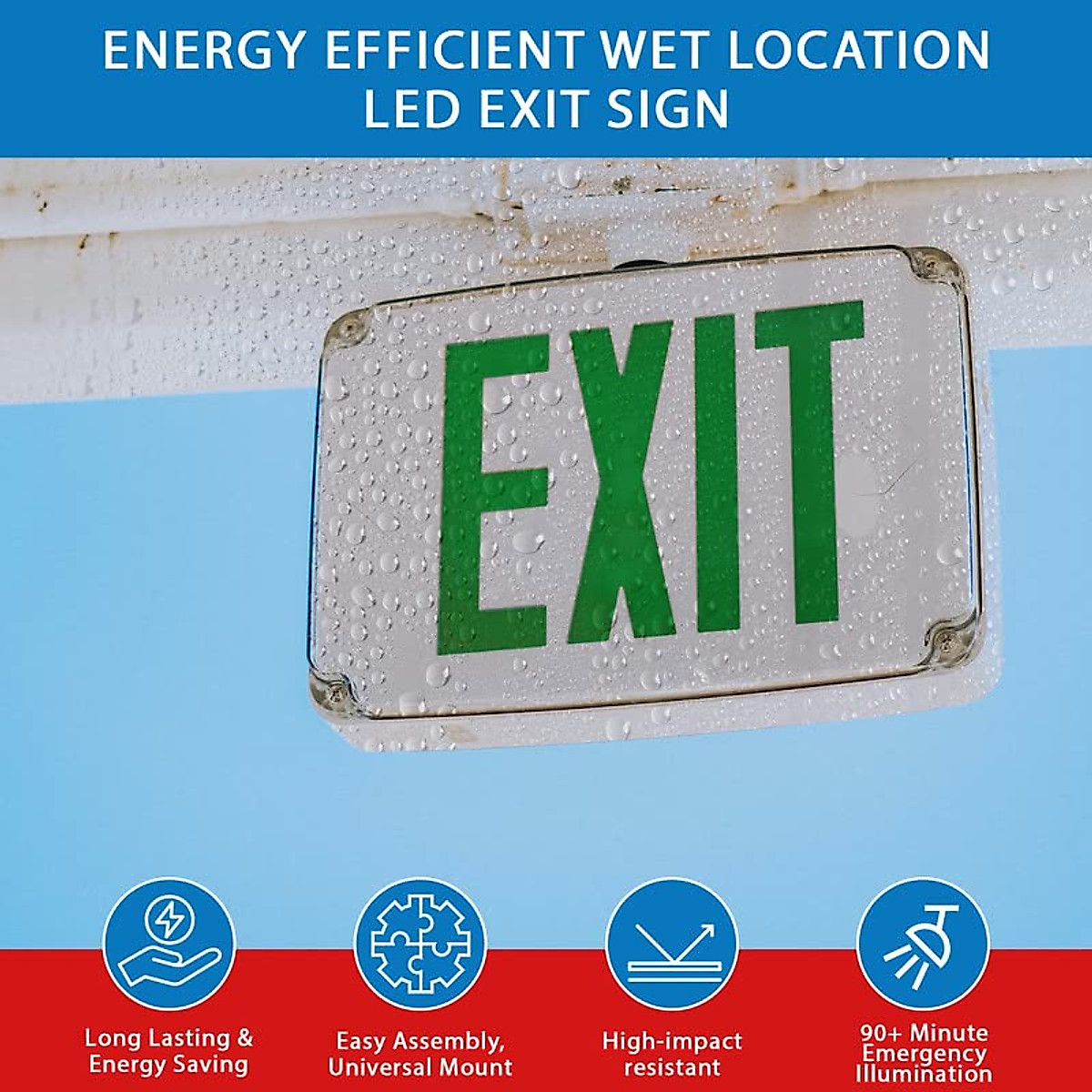Ciata Green LED Emergency Exit Sign for Fire Escapes, Doors, and Hallways, Indoor and Outdoor Safety, Waterproof Wet Rated, Battery Backup, Universal Wall or Ceiling Mount