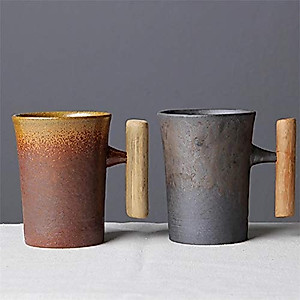 Rewhey Japanese-style Vintage Ceramic Coffee Mug Tumbler Rust Glaze Tea Milk Beer Mug with Wood Handle Water Cup Home Office Drinkware (Style-2 B)