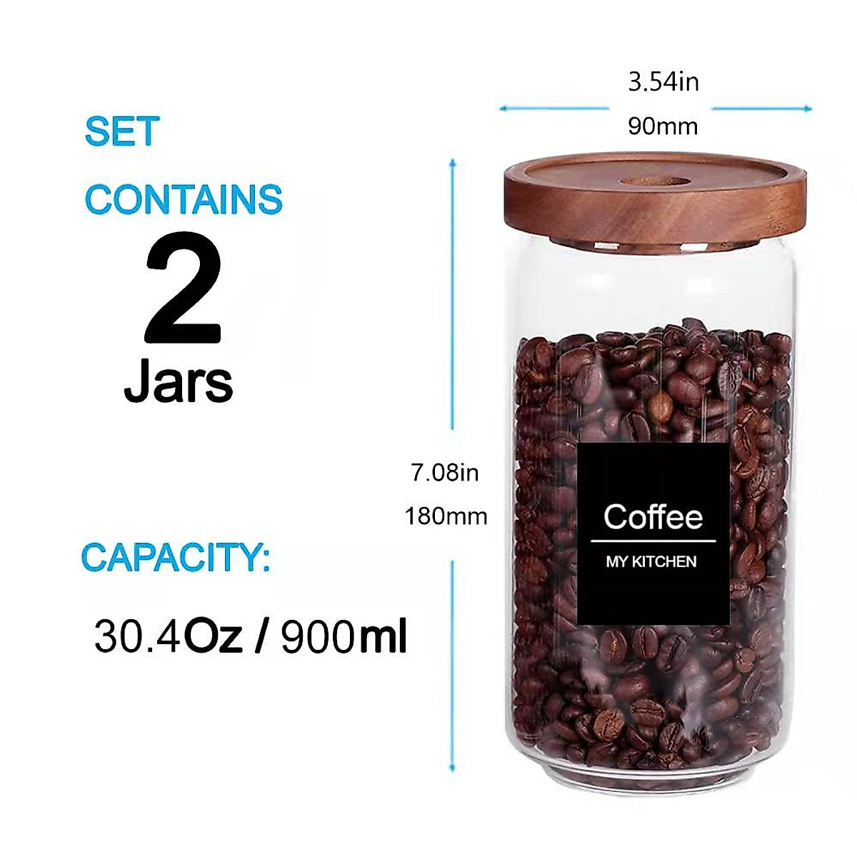 SAIOOL Home Borosilicate Glass Kitchen jars/Canisters with Acacia Wood Airtight Lid Set-2 Pack 30Oz/900ml,Minimalist Preprinted Farmhouse Style. White Matte Sticker Black Text.
