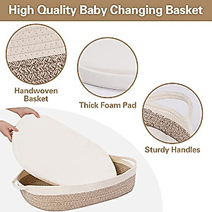 YECELINST Baby Changing Basket, Handmade Woven Cotton Rope Moses Basket for Babies Changing Basket, with Thick Foam Pad and Removable Waterproof Mattress Cotton Pad, Changing Table Topper for Dresser