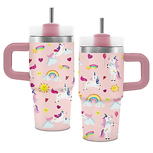 14 oz Unicorn Tumbler with Handle and Straw for Kids, Insulated Stainless Steel Travel Mug for Toddlers, Vacuum Leak Proof Tumbler with Lid, Christmas Birthday Gifts for Girls Unicorn Mug