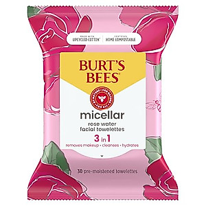 Burt's Bees Rose Water Face Wipes, for All Skin Types, Hydrating Micellar Makeup Remover & Facial Cleansing Towelettes, 30 Ct (3-Pack)