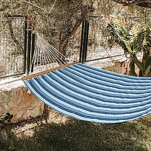Lxoohy 12FT Quick Dry Double Size Outdoor Hammock with Bamboo Spreader Bar, 2 Person Hammock with Chains and Hooks for Patio Garden Poolside Backyard Beach use, 440 lbs Capacity, Blue Stripe