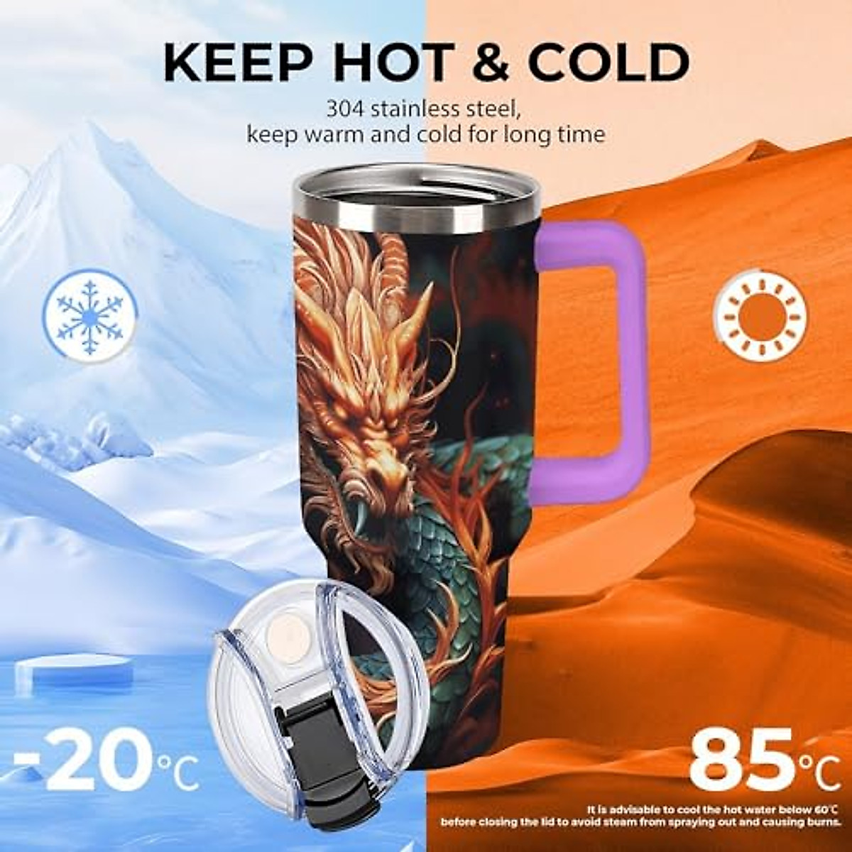 LLUTSNTH 40 Oz Vacuum Tumbler with Violet Handle Leakproof Insulated Tumbler Chinese Dragon Stainless Steel Travel Mug with Lid And Straw Coffee Cup Cute Water Bottles Cup Holder Friendly