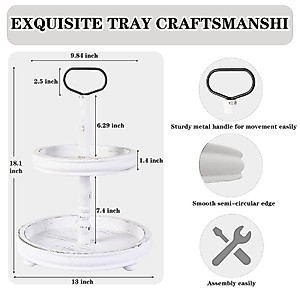 Wooden 2 Tiered Tray Stand Farmhouse with Metal Handle Round White Two Tier Tray for Home Kitchen Shelf Dinning Table Seasonal Holiday Decorations