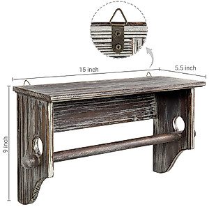 MyGift Wall Mounted Solid Torched Wood Paper Towel Roll Holder with Display Storage Shelf, Kitchen Hand Towel Bar with Top Storage Spice Rack