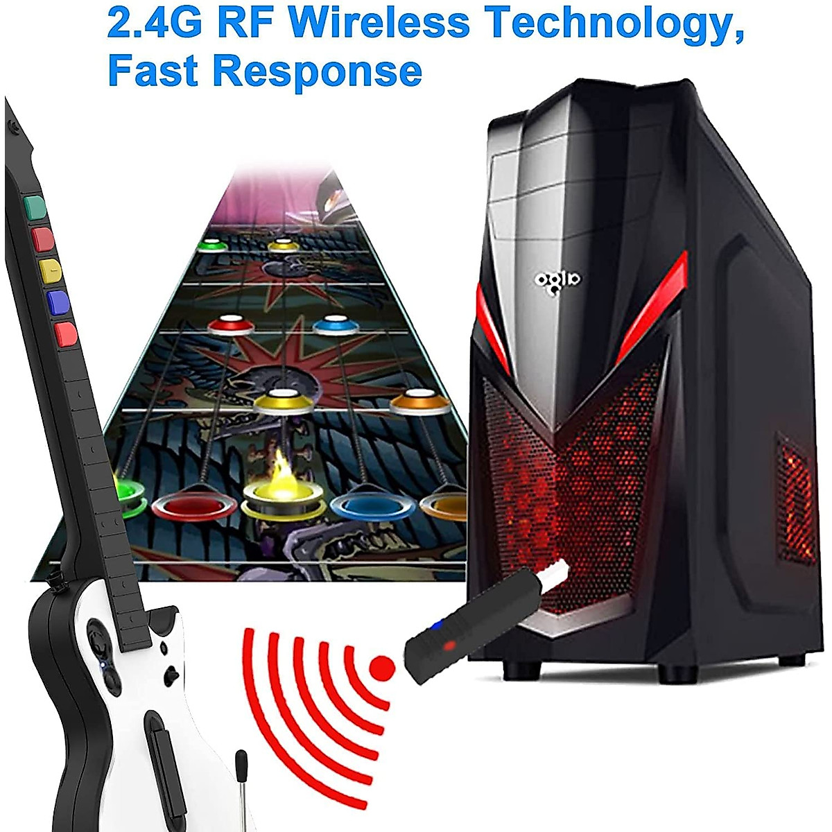 DOYO Guitar Hero Controller for PC and PS3, Wireless Guitar for Guitar Hero 3/4/5 and Rock Band 1/2 Games, Guitar Hero Guitar with strap (5 Keys/White)