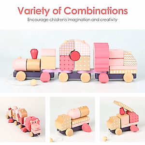 Toddler Montessori Toy, Wooden Block Train Set Stackable Building Blocks Toy Shape Sorter Toy Pink Lion Pull Toy for Baby Girl Ages 2 4 3 Years Birthday Gift Early Learning Educational Toy