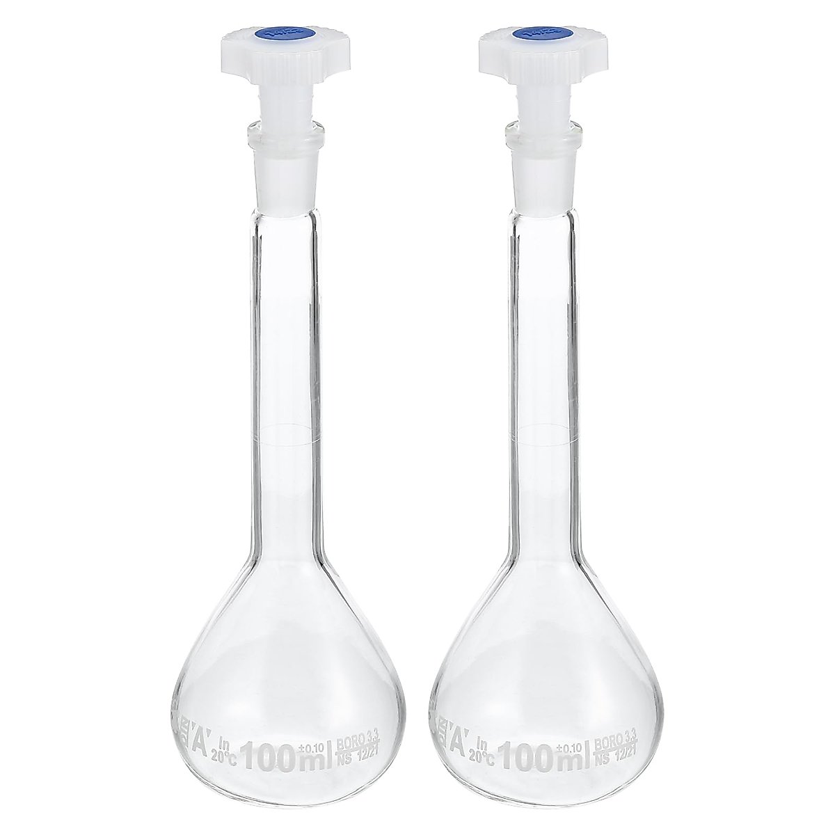 PATIKIL 100ml Volumetric Flask, 2Pcs 3.3 Borosilicate Glass Graduated Volumetric Measuring Flask with Plug Cap Tolerance 0.1ml for Lab Experiment, Clear