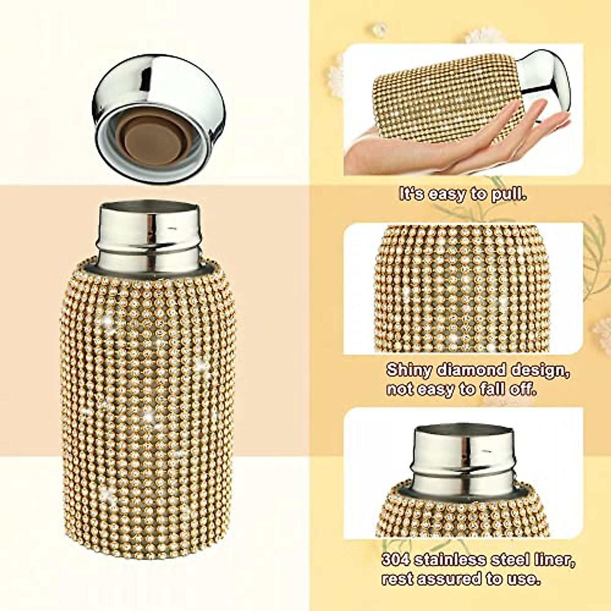 Diamond Thermos Bottle for Womens, Diamond Water Bottle Bling Rhinestone Small Cute 200ML Stainless Steel Vacuum Flask Sparkling Refillable Metal Insulated Glitter Thermal Bottle (Gold)