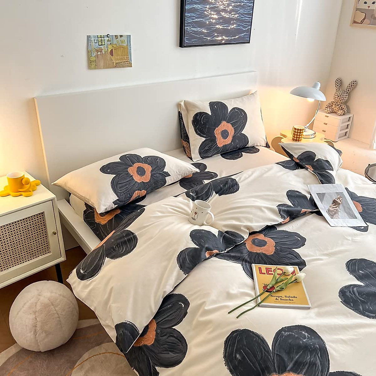 BlueBlue Flower Kids Duvet Cover Set, 100% Cotton Bedding for Boys Girls Teens, Cartoon Cute Dark Gray Black Floral Pattern on Cream White, 1 Full Comforter Cover 2 Pillow Shams (Queen)