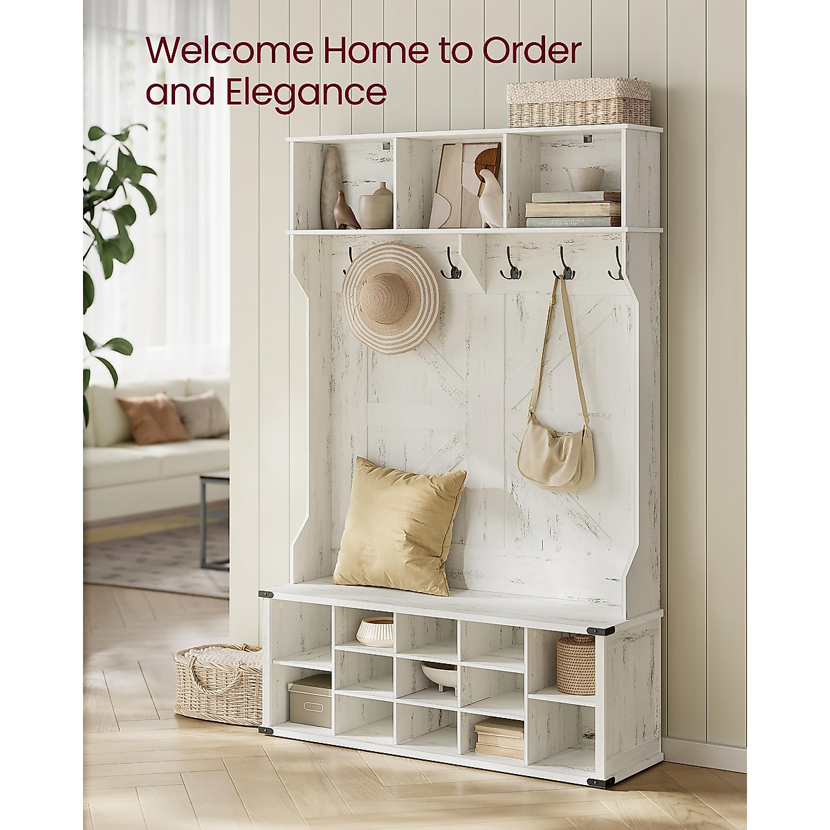 VASAGLE Hall Tree with Bench and Shoe Storage, Coat Rack with Shoe Bench, Entryway Furniture, 16 Open Compartments, 6 Tri-Hooks, Farmhouse Style, Space Saving, Rustic White UHSR427W02