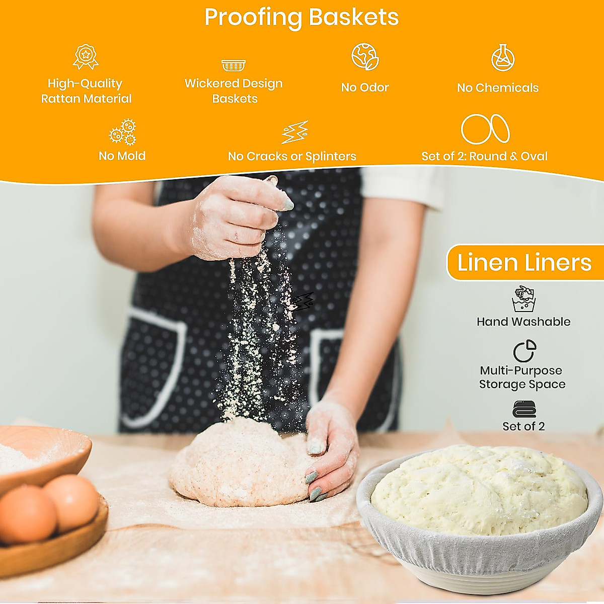 Jims Goods Bread Banneton Proofing Basket Set W/9 Inch Round & 10 Inch Oval Banneton Basket, Homemade Bread Sourdough Starter Kit W/Lame + Lame Case, Dough Scrapper & Whisk, Linen Liner (Set of 2)