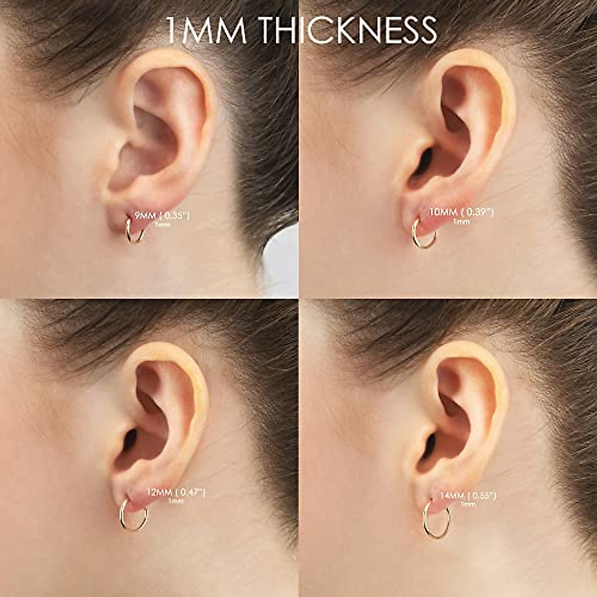 14k Yellow Gold Women's Endless Tube Hoop Earrings 1mm Thick x 10mm Diameter
