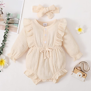Renotemy Infant Baby Girls Romper Fall Winter Jumpsuit Girl Long Sleeve Rompers Baby Girl Clothes 0-3 Months Beige