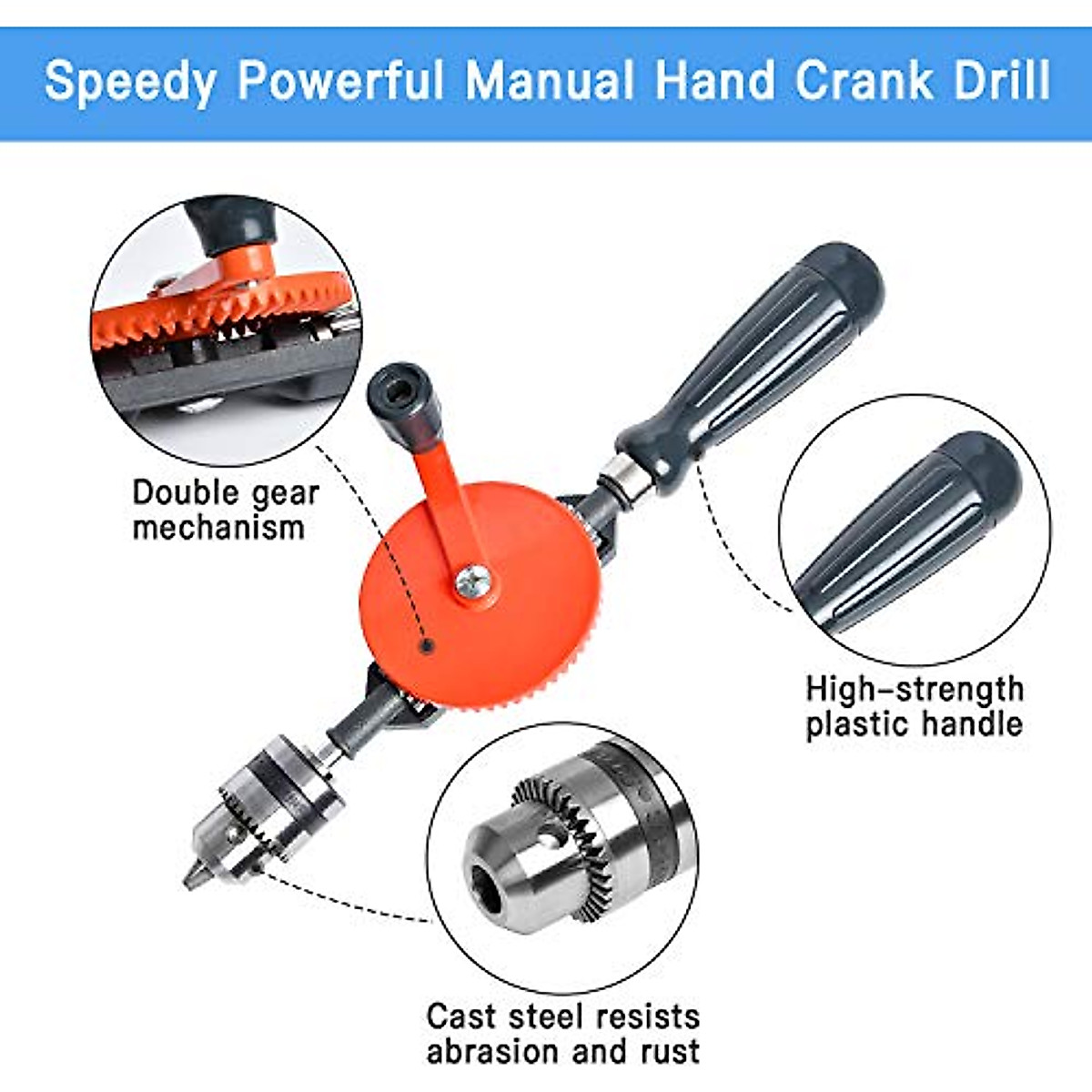 Hand Drill Akamino Powerful and Speedy Manual Hand Drill With Anti Slip Handle and S/S cast 5 Pieces Jaw Chucks for Wood Plastic Acrylic