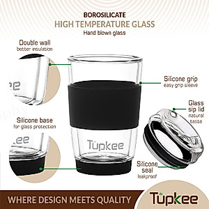 Tupkee Double Wall Glass Tumbler - 8-Ounce, All Glass Reusable Insulated Tea/Coffee Mug & Lid, Hand Blown Glass Travel Mug - Black