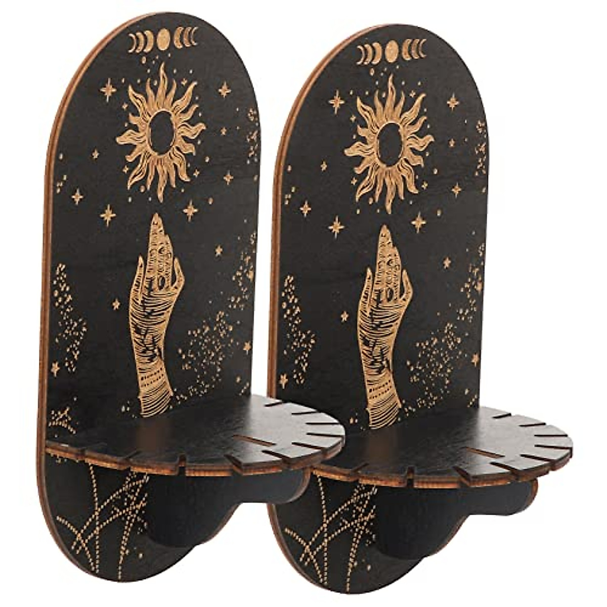 Amosfun 2pcs Stone Crystal Moon Hand Wood Organizer for Gems Display Shelves Phase Divination Room Decoration Wooden Decorative Stand Living Wall Bohemian Style Crystals Delicate