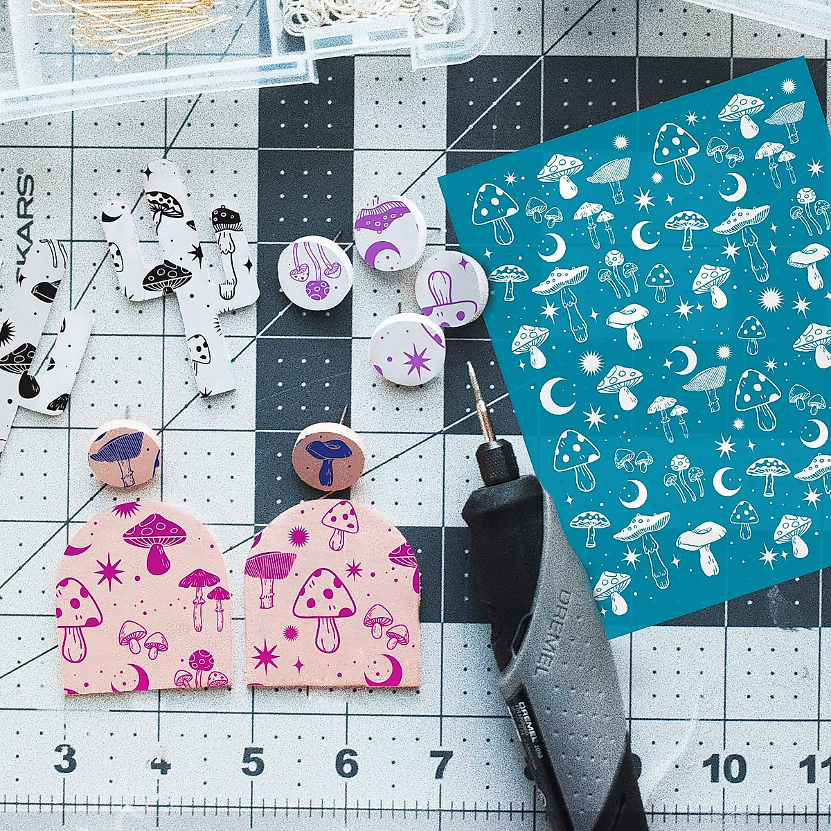 OLYCRAFT Clay Stencils Mushroom Pattern Non-Adhesive Silk Screen Printing Stencils Reusable Mesh Stencils Transfer Washable Stencils for Polymer Clay Jewelry Earring Making - 5x4 Inch