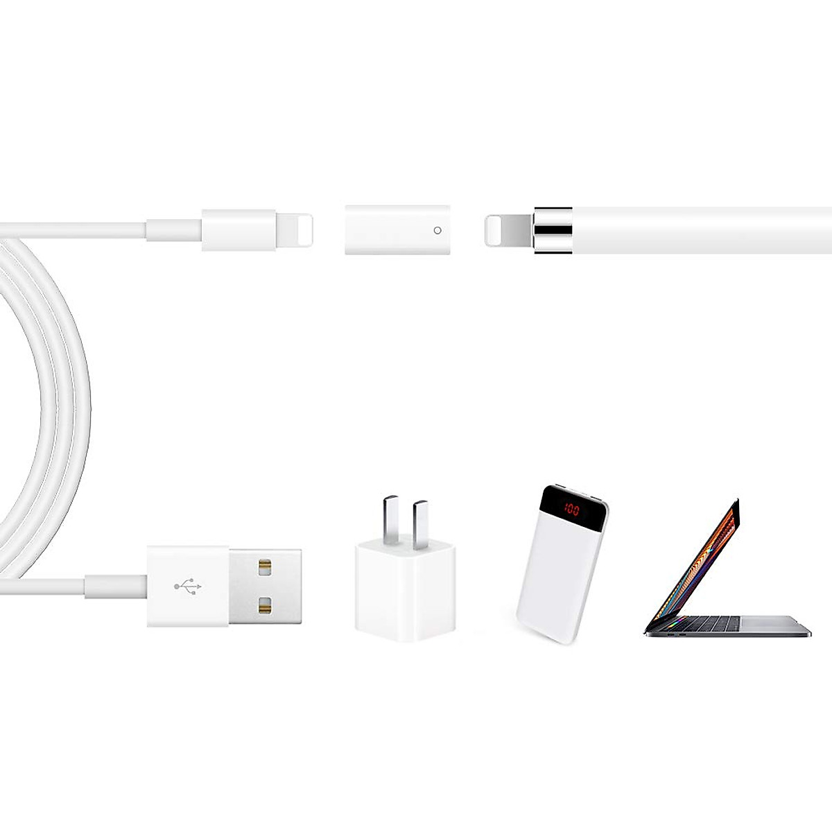 TITACUTE 3 Pack iPencil Accessories for Apple Pencil 1st Generation, Stylus Pencil Tip + Magnetic Replacement Cap Top Cover + Charger Adapter for Apple Pen 1st Gen for iPad Pro 10.5" 12.9" 9.7" White