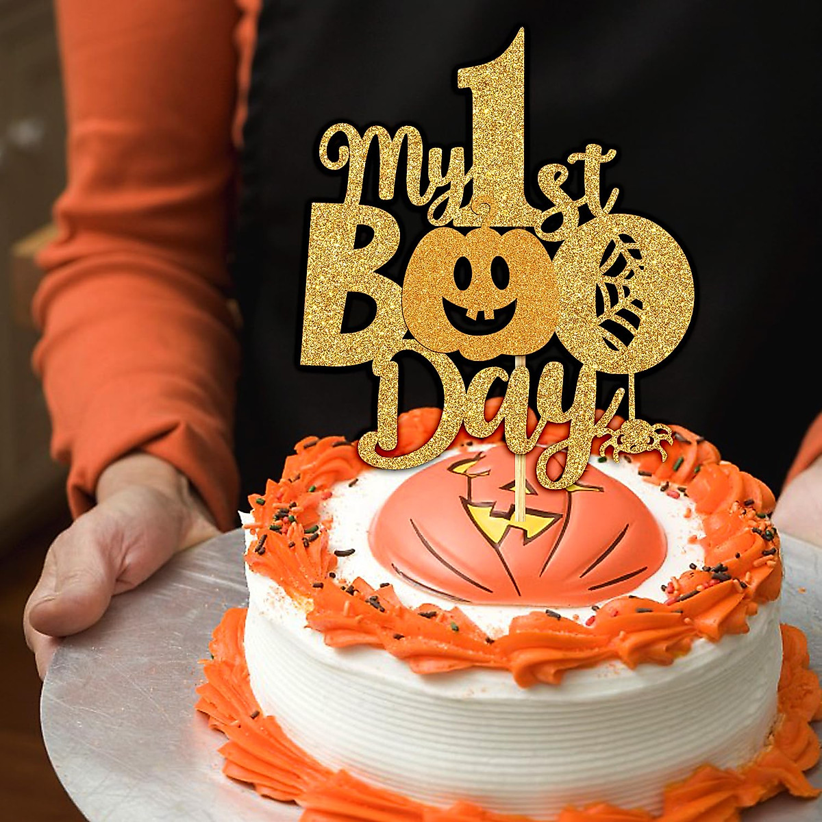 My 1st Boo Day Cake Topper - Halloween Happy Birthday Cake Decor for Baby's First Birthday - Fall Theme Happy 1st Birthday/Baby Shower Party Decorations Supplies for Kids, Gold Glitter