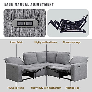 FREESNOOZE Power Reclining Sectional Sofa L-Shaped Recliner Corner Sofa, Home Theater Recliner Chair Couch with USB Port for Living Room/Bedroom Linen Fabric (Grey)