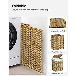 SONGMICS Laundry Hamper with Lid, 23.8 Gallon (90 L) Synthetic Rattan Clothes Laundry Basket with Lid and Handles, Foldable, Removable Liner, Goose Yellow ULCB51NL