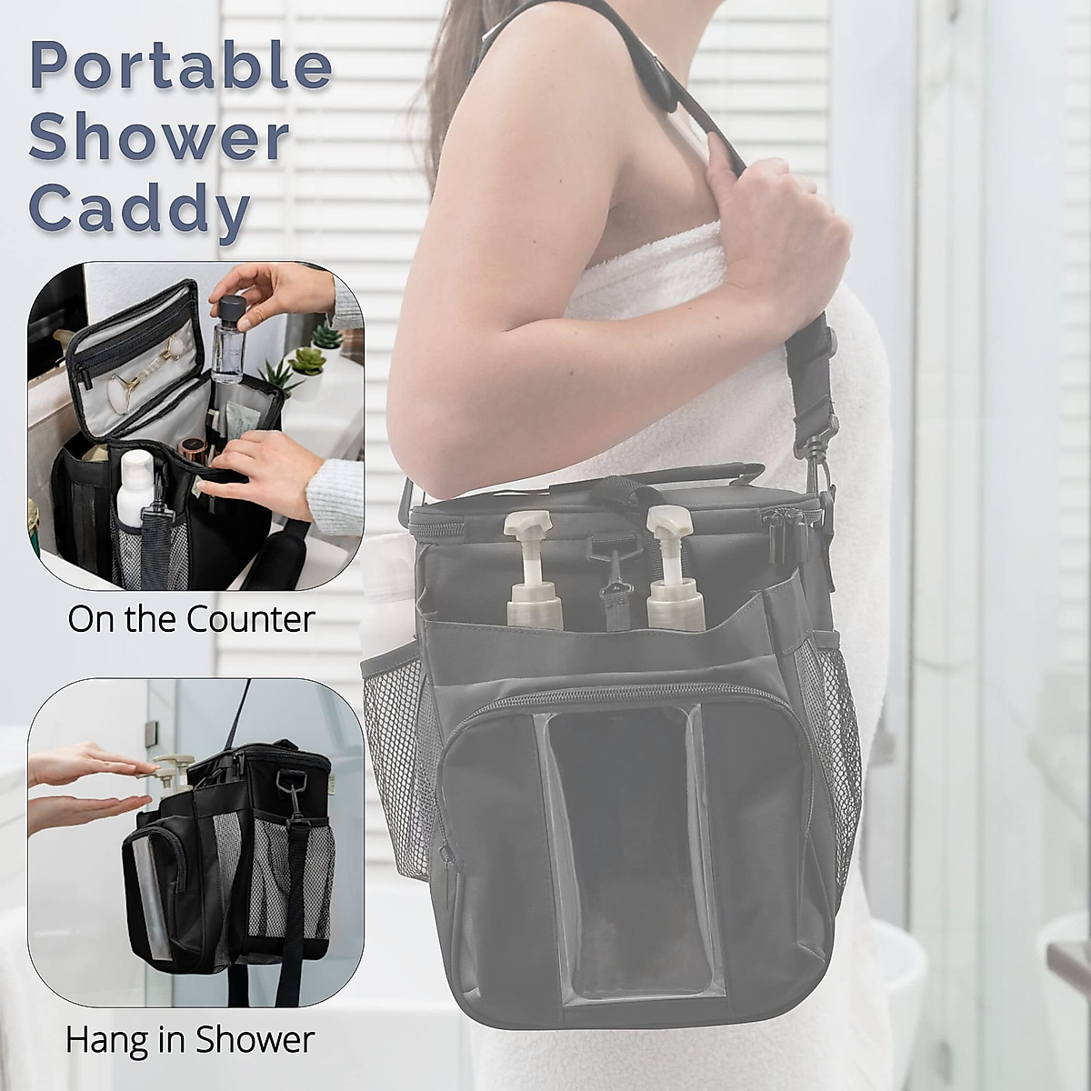 TERRA HOME Portable XL Shower Caddy Bag - College Dorm Room Essentials for Men, Women, Students - Foldable, Water Resistant with Hanging Keychain Hook and Shoulder Strap Shower Organizer Bag (Black)