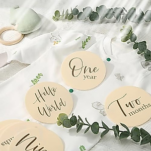 UNIQOOO 13Pcs 4'' Cream White Acrylic Monthly Baby Milestone Printed Cards, Photo Props, Round Baby Months Growth Sign for Boy, Girl Photography, One Month to One Year & Hello World Card, New Baby Gifts