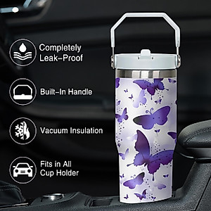Queen Hero 30 oz Butterfly Tumbler with Handle, Large Insulated Tumbler with Flip & Straw Coffee Mug Cup Stainless Steel Gifts for Women Men Youth