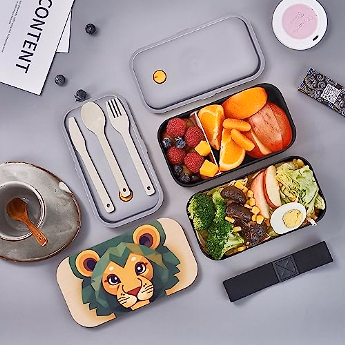 Cartoon Lion Adult Lunch Box, Bento Box, With Cutlery Set Of 3, 2 Compartments, Rectangular, Lunch Box For Adults