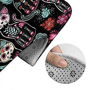 HGOD DESIGNS Cat Bath Mat,Day of The Dead Halloween Cats with Colorful Flowers Bathroom Mat 3 Piece Set Non-Slip Bathmat Antiskid Pad Doormat and Toilet Lid Cover Set