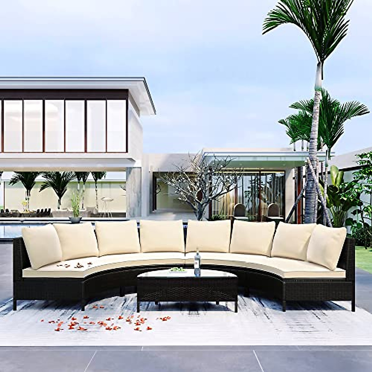 Merax Weather Brown PE Rattan Wicker Outdoor Patio Sectional Furniture Half-Moon Sofa Set with Tempered Glass Table, Beige,5 Piece