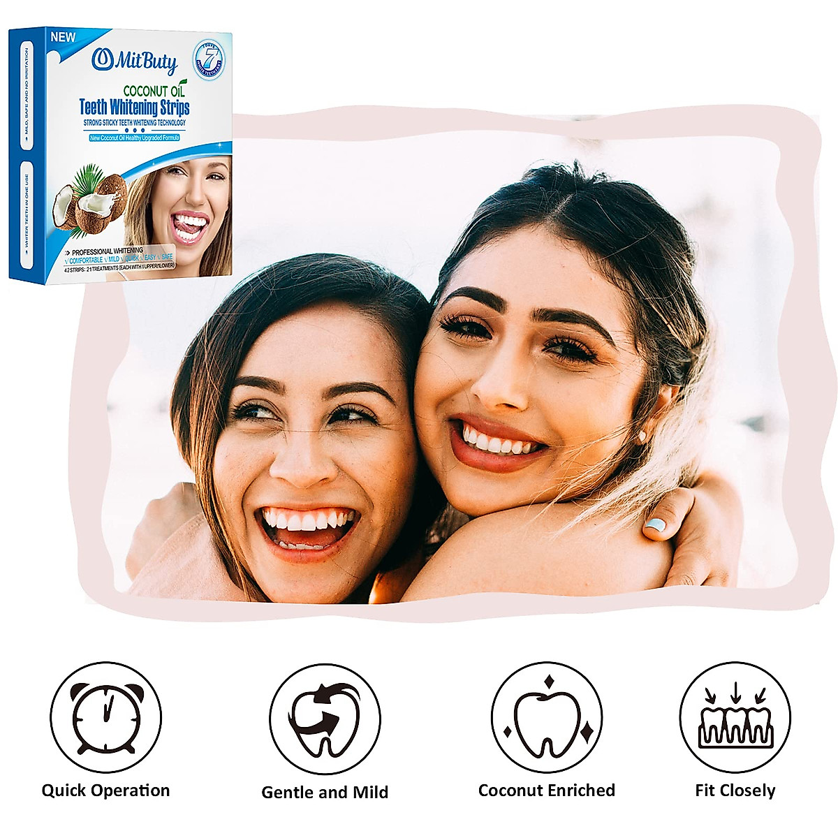 MitButy Teeth Whitening Strips with Natural Coconut Oil, 42 Non-Slip White Strips - Professional Safe Effects Tooth Whitener Solution at Home, 21 Treatments