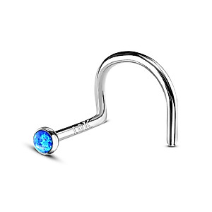 COCHARM 10k White Gold Nose Stud 20g Blue Opal Screw Nose Stud for Women Men White Gold Cute Twist Nose Stud