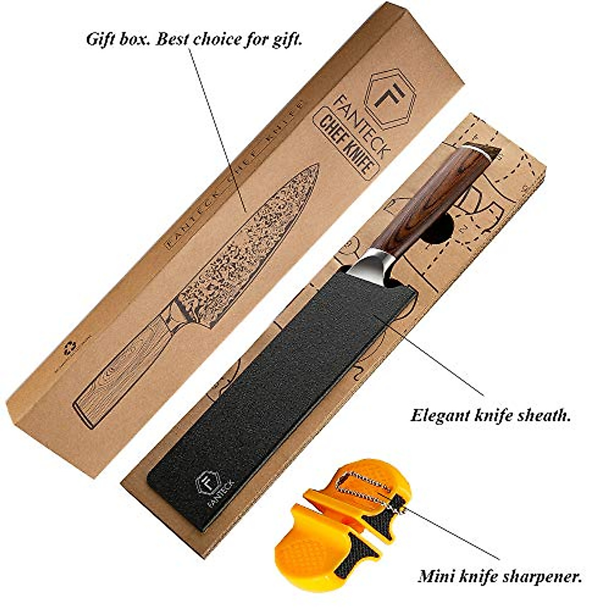 [8 Inch]Chef Knife,FANTECK Kitchen Knife Ultra Sharp Pro German High Carbon Stainless Steel Meat Sushi Fruit Vegetable Cutting Gyuto Cleaver Best Chef Knife[Gift Box]-Ergonomic Pakkawood Handle