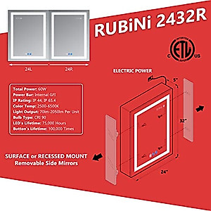 DECADOM LED Mirror Medicine Cabinet Recessed or Surface, Defogger, Dimmer, Clock, Room Temp Display, Makeup Mirror 3X, Outlets & USBs (RUBiNi 24x32/R)