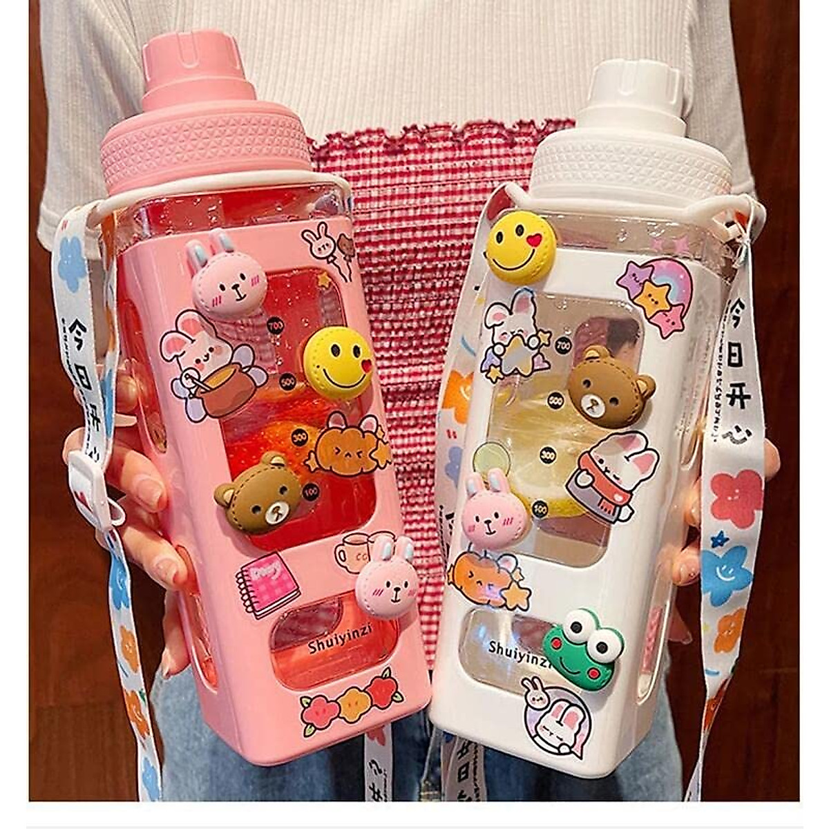24 OZ Kawaii Water Bottle with Straw Stickers Cute Girls Kids Water Bottles with Adjustable Shoulder Strap & 3D Stickers, BPA Free Square Drinking Bottle Leakproof Water Jug for School (Pink - 24oz)