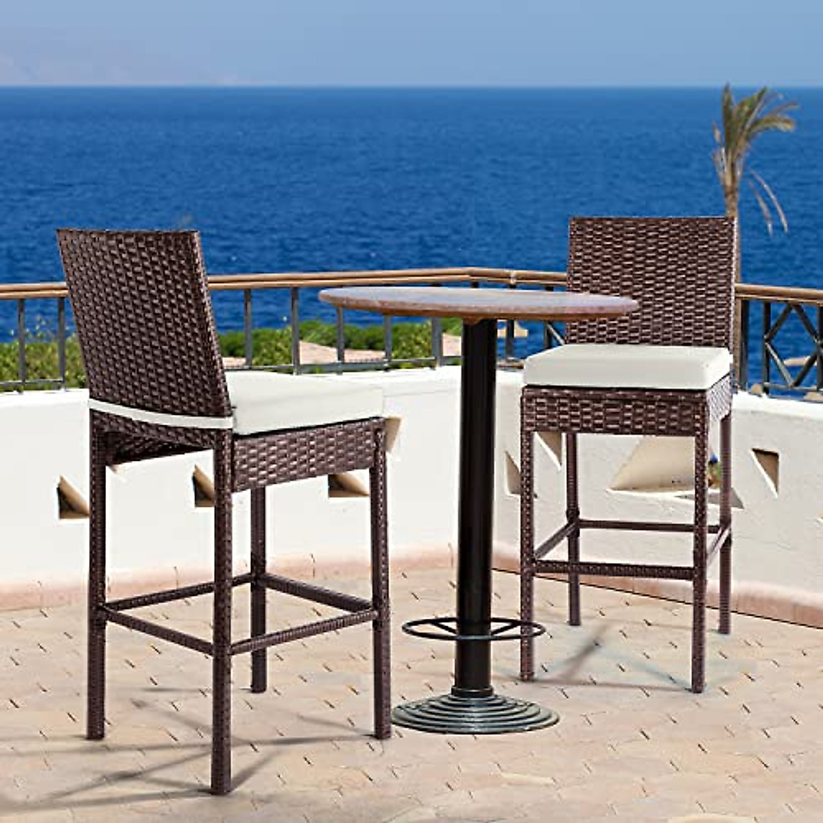 NOVAGLORY Outdoor Bar Stools Wicker Woven Patio Stools & Patio Bar Chairs Height Stools with Footrest Armless Cushion Beige All Weather Rattan Garden Stool for Pool Lawn Porch Backyard (4, Beige)