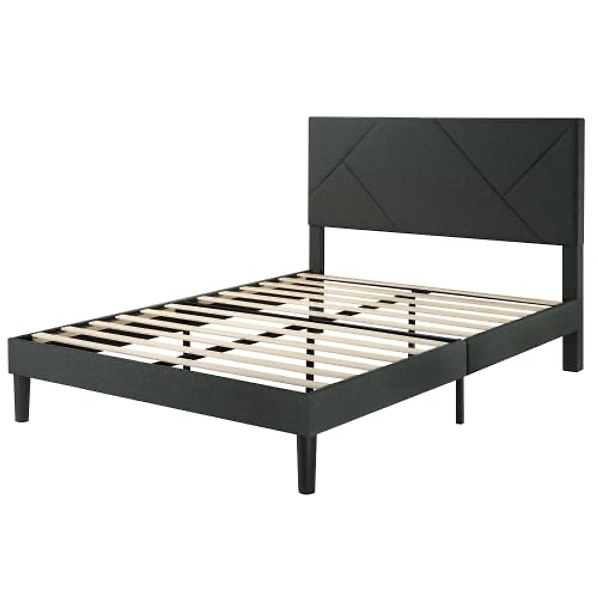 IMUsee Full Size Bed Frame, Upholstered Bed Frame with Geometric Headboard, Heavy Duty Mattress Foundation with Wooden Slats, Easy Assembly, Dark Grey
