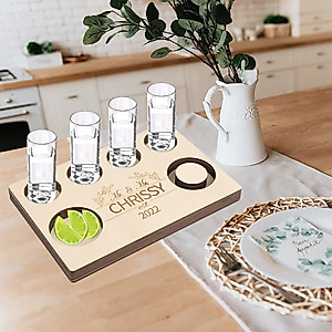 ROXIQ Tequila Trays Handmade Mr & Mrs Tequila Flight Board Serving Tray Personalized Shot Glass Holder Display w/ Salt Rim Wooden Bar Tray Liquor Birthday Party Housewarming MenGifts, 31x18x1.5cm