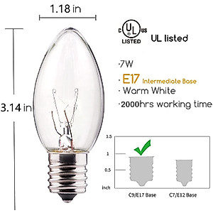 Pallerina 25 Pack C9 Clear Incandescent Bulbs, C9 Christmas Light Bulbs Replacement Light Bulb, 7 Watt Night Light Bulbs C9/E17 Intermediate Base, Candle Light Bulbs